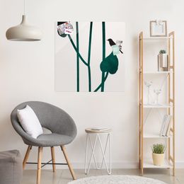 Bilderwelten Glasbild Blumen Tropisch gr&uuml;n Glas Wandbild - Grafische Pflanzenwelt - Vogel auf Blatt - V&ouml;gel Wohnzimmer Schlafzimmer