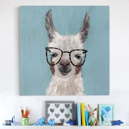 Bilderwelten Leinwandbild Tiere Illustration Kunstdruck blau - Lama mit Brille II - Wandbild XXL Wohnzimmer Schlafzimmer