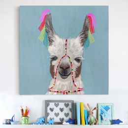 Bilderwelten Leinwandbild Tiere Illustration Kunstdruck blau - Lama mit Schmuck III - Wandbild XXL Wohnzimmer Schlafzimmer