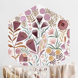 Bilderwelten Hexagon Tapete Blumen Illustration Aquarell rosa - Claudia Voglhuber - Blumenmeer - Deko Wohnzimmer Schlafzimmer