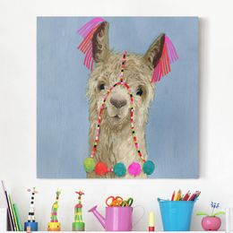 Bilderwelten Leinwandbild Tiere Illustration Kunstdruck blau - Lama mit Schmuck IV - Wandbild XXL Wohnzimmer Schlafzimmer