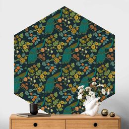 Bilderwelten Hexagon Tapete Blumen Illustration Wandtapete beige - Bunter Pfauengarten - V&ouml;gel Wohnzimmer Schlafzimmer