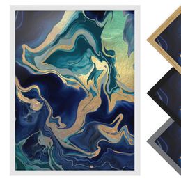 Bilderwelten Bild mit Rahmen blau Illustration Aquarell - Spiel der Farben Indigo Feuer - Deko Wohnzimmer Schlafzimmer