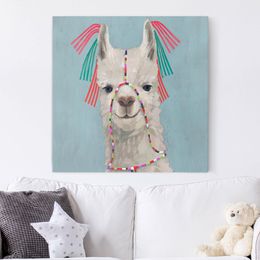 Bilderwelten Leinwandbild Tiere Illustration Kunstdruck blau - Lama mit Schmuck II - Wandbild XXL Wohnzimmer Schlafzimmer