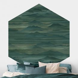 Bilderwelten Hexagon Tapete Natur modern Aquarell gr&uuml;n - Berge im Nebel Gr&uuml;n - Berg Wohnzimmer Schlafzimmer