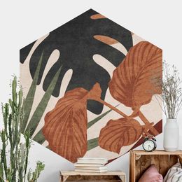 Bilderwelten Hexagon Tapete Vliestapete Vintage Wandtapete beige - Tropische Boho Bl&auml;tter - Pflanzen Wohnzimmer Schlafzimmer