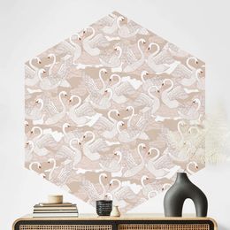 Bilderwelten Hexagon Tapete Blumen Illustration Wandtapete beige - Wei&szlig;e Schw&auml;ne auf Beige - V&ouml;gel Wohnzimmer Schlafzimmer