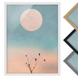 Bilderwelten Bild mit Rahmen Natur petrol modern Aquarell - V&ouml;gel vor rosa Sonne II - Sonnenuntergang Wohnzimmer Schlafzimmer