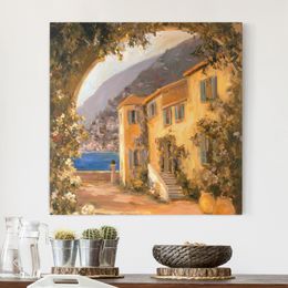 Bilderwelten Leinwandbild originell modern Kunstdruck orange - Italienische Landschaft - Blumenbogen - Architektur XXL Wohnzimmer Schlafzimmer