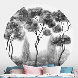 Bilderwelten Runde Tapete Wald Vintage Wandtapete schwarz weiss - Hohe B&auml;ume schwarz-wei&szlig; - B&auml;ume Wohnzimmer Schlafzimmer