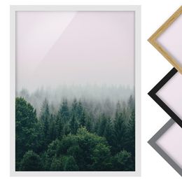 Bilderwelten Bild mit Rahmen Wald gr&uuml;n Motiv inkl. Rahmung - Wald im Nebel D&auml;mmerung - B&auml;ume Wohnzimmer Schlafzimmer