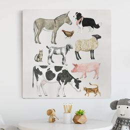 Bilderwelten Leinwandbild Tiere Illustration Kunstdruck beige - Bauernhof Tierfamilie II - Bauernhof XXL Kinderzimmer Baby M&auml;dchen Jungen
