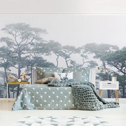 Bilderwelten Fototapete Baumkronen im Nebel - Vliestapete nach Ma&szlig; Wald B&auml;ume Natur Wohnzimmer Schlafzimmer Bad Badezimmer K&uuml;che Flur Esszimmer Grau