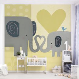 Bilderwelten Fototapete Tiere Illustration Wandtapete grau - Mama und ich - Elefanten - Herz Kinderzimmer Baby M&auml;dchen Jungen