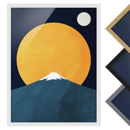 Bilderwelten Bild mit Rahmen Natur gelb modern inkl. Rahmung - Sonne, Mond und Berge - Berg Wohnzimmer Schlafzimmer