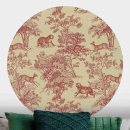 Bilderwelten Runde Tapete Tiere Tropisch Wandtapete beige - Kupferstichanmutung - Jaguar mit Reh auf Naturpapier - Tiger Wohnzimmer Schlafzimmer