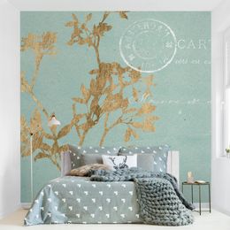 Bilderwelten Fototapete Spr&uuml;che Vintage Wandtapete t&uuml;rkis - Goldene Bl&auml;tter auf Turquoise I - Pflanzen Wohnzimmer Schlafzimmer