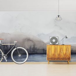 Bilderwelten Fototapete originell Abstrakt Aquarell einzigartig - Seeufer mit Bergen II - Deko Wohnzimmer Schlafzimmer