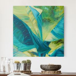 Bilderwelten Leinwandbild Blumen Tropisch Kunstdruck t&uuml;rkis - Bananenblatt mit T&uuml;rkis II - Wandbild XXL Wohnzimmer Schlafzimmer
