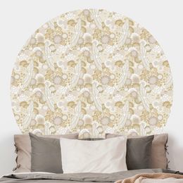 Bilderwelten Runde Fototapete Kraniche und Chrysanthemen Beige