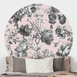 Bilderwelten Runde Tapete Blumen Vintage Wandtapete beige - Floraler Kupferstich Graubeige - Retro Wohnzimmer Schlafzimmer
