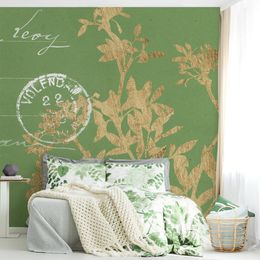 Bilderwelten Fototapete Spr&uuml;che Vintage Wandtapete gr&uuml;n - Goldene Bl&auml;tter auf Lind II - Pflanzen Wohnzimmer Schlafzimmer