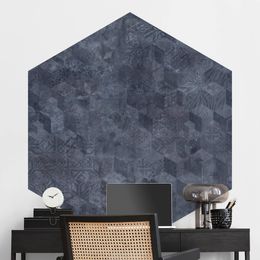 Bilderwelten Hexagon Tapete Vliestapete Shabby Fliesenoptik blau - Geometrisches Vintage Muster mit Ornamenten Blau - Geometrisch Wohnzimmer Schlafzimmer