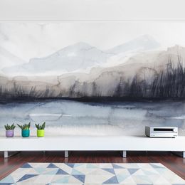 Bilderwelten Fototapete Natur Abstrakt Aquarell blau - Seeufer mit Bergen I - Landschaft Wohnzimmer Schlafzimmer