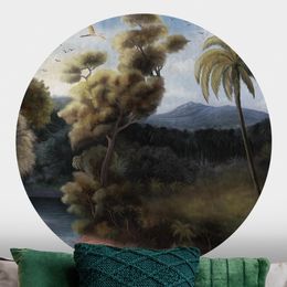 Bilderwelten Runde Tapete Wald Tropisch Wandtapete bunt - Malerischer Vintage Dschungel - B&auml;ume Wohnzimmer Schlafzimmer