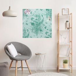 Bilderwelten Glasbild Blumen Tropisch gr&uuml;n Glas Wandbild - Schmetterlinge um Blumeninsel in Gr&uuml;n II - Blumenwiese Wohnzimmer Schlafzimmer