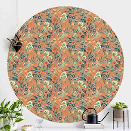Bilderwelten Runde Tapete Blumen Illustration Wandtapete orange - Indisches Muster V&ouml;gel mit Blumen Orange - Indien Wohnzimmer Schlafzimmer