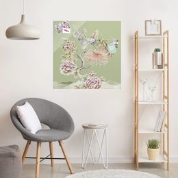 Bilderwelten Glasbild Tiere Illustration gr&uuml;n Aquarell - Aquarell St&ouml;rche im Flug mit Blumen auf Gr&uuml;n - Ranke Wohnzimmer Schlafzimmer