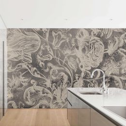 Bilderwelten Mustertapete Blumen Vintage Wandtapete grau - Verbl&uuml;htes Blumenornament I - Ornamente Wohnzimmer Schlafzimmer