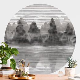 Bilderwelten Runde Tapete Natur modern Aquarell schwarz weiss - Malerische Berge im mystischem Nebel - Berg Wohnzimmer Schlafzimmer