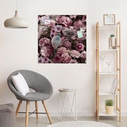 Bilderwelten Glasbild Tiere modern rosa Glas Wandbild - Blumenparadies Spatzen in Altrosa - Rose Wohnzimmer Schlafzimmer