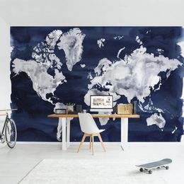 Bilderwelten Fototapete Weltkarte modern Aquarell blau - Wasser-Weltkarte dunkel - Karten Wohnzimmer Schlafzimmer