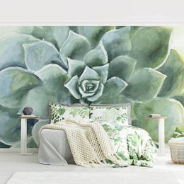 Bilderwelten Fototapete Blumen Tropisch Aquarell gr&uuml;n - Sukkulente Aquarell Dunkel - Pflanzen Wohnzimmer Schlafzimmer