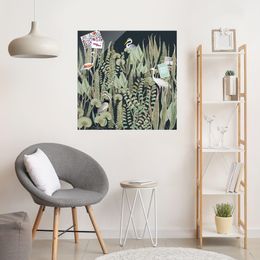 Bilderwelten Glasbild Tiere Vintage gr&uuml;n Glas Wandbild - Flamingo und Storch mit Pflanzen auf Gr&uuml;n - Pflanzen Wohnzimmer Schlafzimmer