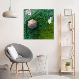Bilderwelten Glasbild Natur Motiv gr&uuml;n Glas Wandbild - Strohh&uuml;tte im hohen Schilf - Landschaft Wohnzimmer Schlafzimmer