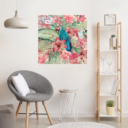 Bilderwelten Glasbild Tiere Tropisch bunt Glas Wandbild - Blumenparadies tropischer Papagei - Pflanzen Wohnzimmer Schlafzimmer