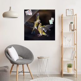 Bilderwelten Glasbild Tiere Motiv gelb Glas Wandbild - K&uuml;ssende Kolibris - V&ouml;gel Wohnzimmer Schlafzimmer