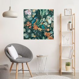 Bilderwelten Glasbild Tiere Vintage gr&uuml;n Glas Wandbild - Blumenparadies Eisvogel und Kolibri - Pflanzen Wohnzimmer Schlafzimmer