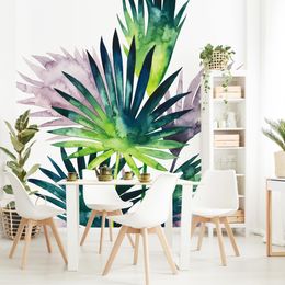 Bilderwelten Fototapete Blumen Tropisch Aquarell gr&uuml;n - Exotisches Blattwerk - F&auml;cherpalme - Pflanzen Wohnzimmer Schlafzimmer