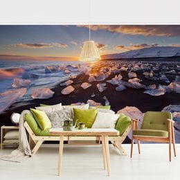 Bilderwelten Fototapete Strand Motiv Wandtapete blau - Eisbrocken am Strand Island - Landschaft Wohnzimmer Schlafzimmer