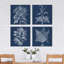 Bilderwelten 4-teiliges Leinwandbild - Quadrat Denim Pflanzenstudie Set II