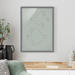 Bilderwelten Bild mit Rahmen Tiere gr&uuml;n Line Art inkl. Rahmung - Line Art Tauben - V&ouml;gel Wohnzimmer Schlafzimmer