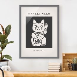 Bilderwelten Bild mit Rahmen Tiere schwarz weiss Vintage inkl. Rahmung - Maneki Neko - Die Gl&uuml;ckskatze - Retro Jugendzimmer