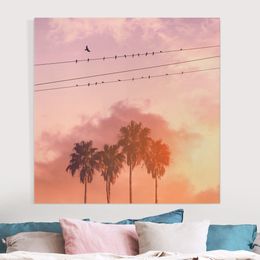 Bilderwelten Leinwandbild Natur Vintage Kunstdruck pastell - V&ouml;gel auf der Stromleitung - Sonnenuntergang XXL Wohnzimmer Schlafzimmer