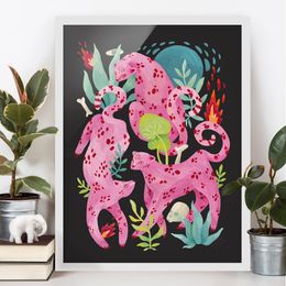 Bilderwelten Bild mit Rahmen Tiere schwarz Illustration inkl. Rahmung - Pinke Leoparden - Katze Jugendzimmer