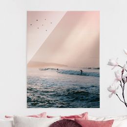 Bilderwelten Glasbild Strand Motiv rosa Glas Wandbild - Surfsession im Abendrot - Landschaft Wohnzimmer Schlafzimmer